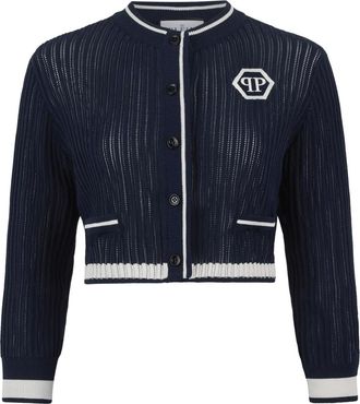 Philipp Plein Femme, Pulls, Bleu, Taille: 40 FR Gilet Tricot&eacute; Hexagon Hexagon