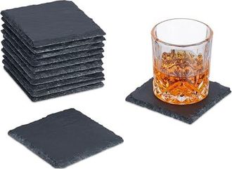 Relaxdays Schiefer Untersetzer, 12er Set, eckige Glasuntersetzer, 10x10 cm, Raclette- & Getr&auml;nkeuntersetzer, anthrazit