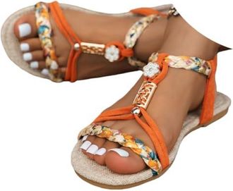 Generic Sandales de plage boh&egrave;me pour femme - Style boh&egrave;me - Avec perles et strass - Sangle de cheville &eacute;lastique - Bout ouvert - Chaussures plates d&eacute;t&eacute; - &Eacute;l&eacute;