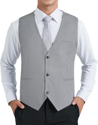 Hisdern Anzugwesten Herren Grau Formale Elegant Anzugweste Einfarbige Anzug Weste Baumwolle Hochzeit Westen f&uuml;r M&auml;nner mit Taschen S