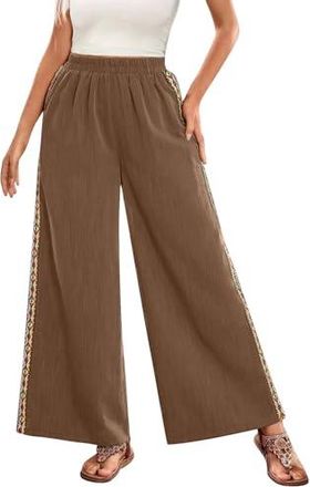 Generic Pantalon d&eacute;t&eacute; &agrave; jambe large pour femme - Taille haute - Jambe droite - Pantalon palazzo court boh&egrave;me r&eacute;tro brod&eacute; - Pantalon de plage - Pantalon de vac