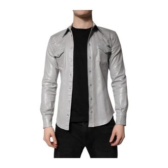 Dolce & Gabbana Metallicgraues Button-Down-Hemd mit Logo - - Shirts - Herren - Grau - S