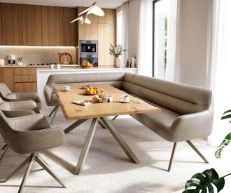 DELIFE Esszimmerbank Taya-Flex 285x190 cm Mikrofaser Beige Vintage Kreuzgestell kantig Effektfinish Titan Taschenfederkern Rechts, Eckb&auml;nke