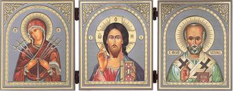 NKlaus Ikone - Gottesmutter der Sieben Pfeile & Jesus Christus & Hl. Nikolaus - Haus Altar Triptychon - 12x31cm - Ikonografie 16511