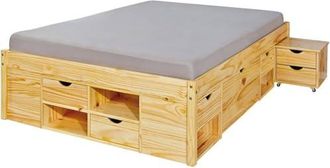 Dmora Doppelbett mit Staufächern und Nachttisch inklusive Rollen, Eichenfarbe, 166,5 x 47,5 x 209 cm