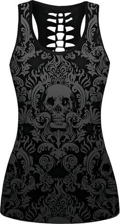 Ocean Plus Femme Crâne Sport Débardeurs Gothique Cache-coeur Gilet dentraînement sans Manches Chemise Criss Cross Noir T-Shirt Halloween (XXL (Poitrine: 104 cm),