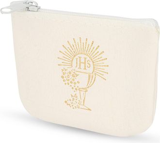 NKlaus Rosenkranz Kunstleder Etui weiß 6x8cm motiv Kelch IHS Christusmonogramm 14440