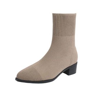 Generic Bottines courtes en tricot extensible pour femme - &Eacute;l&eacute;gantes - Couleur unie - Bout pointu - Respirantes - Talon &eacute;pais - Confortables - &Agrave; enfiler - Sty