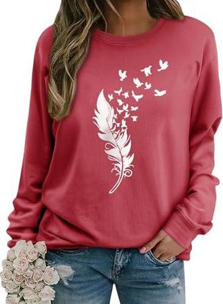 Dresswel Pull pour femme - Imprim&eacute; plume - Sweat-shirt &agrave; manches longues - Col rond - Manches longues - Automne - Hiver - Hauts - Chemisier, 3 Rouge past&egrave;que, 