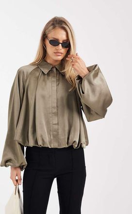 4th & Reckless Bomber en satin avec col, ourlets boule et manches bouffantes - Kaki-Vert