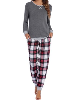 Ekouaer Schlafanzug Damen Lang Kurzarm Pyjama Set Nachtwäsche Set Zweiteiliger mit Damen Karierte Pyjamahose und Shirt Rundhals Elastischer Bund Taschen Sleep