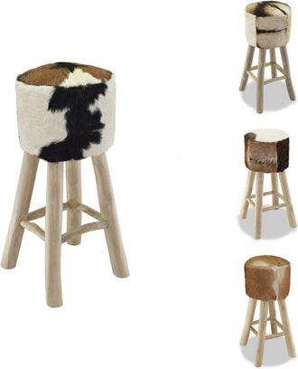 vidaXL Barhocker Echtleder und Teak Massivholz - Fellhocker - Barhocker - Wohnzimmer Deko - Vintage Stuhl - Holztisch
