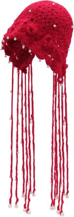 ZLYC Damen H&auml;kelm&uuml;tzen Strickm&uuml;tze Crochet Slouchy Beanie mit Tassel(Perlen Rot),Einheitsgr&ouml;&szlig;e