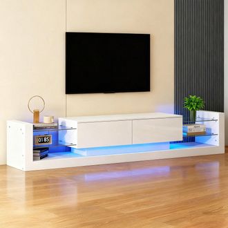 Generic Hochglanz-TV-Schrank mit LED-Beleuchtung, 181 cm lang, f&uuml;r Fernseher bis 80 Zoll, mit Glasfront und Zwei klappbaren Schubladen
