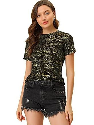 Allegra K Femme Fête Métallique Textured Short Manche Brillant Multicolore Top Or Noir 3XL