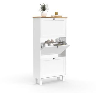 IDMarket Schuhm&ouml;bel 18 Paar ACHILLE 3 T&uuml;ren wei&szlig; und Holzplatte