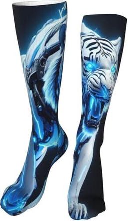 Generic Homme Chaussettes 50cm, Tigre blanc &agrave; la lumi&egrave;re bleue Antid&eacute;rapante Hommes Socquettes Respirantes Chaussettes de Sports pour Femme Sport Courir