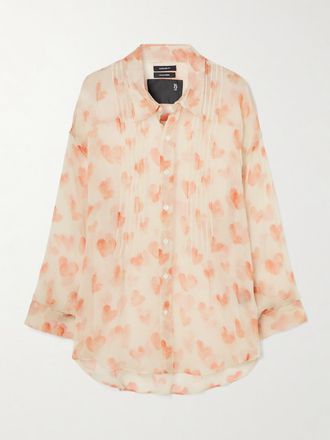 R13 Chemisier En Soie Imprim&eacute;e &Agrave; Plis Nervures - Cr&egrave;me