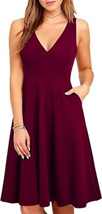 Homeyee Robe de Cocktail élégante sans Manches à col en V pour Femme avec Poches A293 (XXL, Rouge foncé)