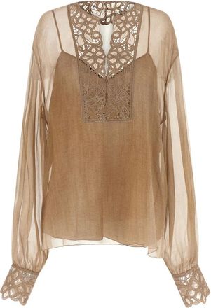 Ermanno Scervino Femme, Blouses et Chemises, Beige, Taille: 38 FR Blouse Caftan Semi-transparente en Soie Pure