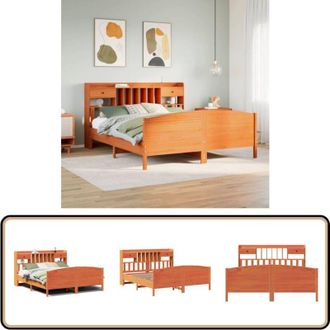 vidaXL Massivholzbett mit Regal ohne Matratze Wachsbraun 200x200 cm - Vidaxl
