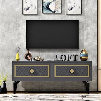 Hanah Home Stylish TV Stand, Anthracite & Gold, 120 x 49 x 29.6 cm | 100% Melamine Coated Particle Board, 18 mm Thick | Modern Design for Living Room & Entertain