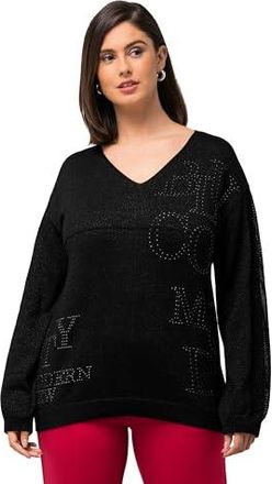 Ulla Popken Femme Grandes Tailles Pull &agrave; Manches Longues et col en V, Petites Pierres Fantaisie Noir 50+ 823721100-50+