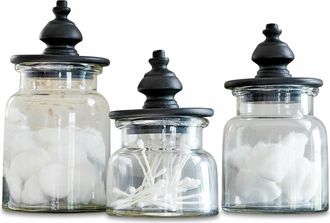 Loberon Dose 3er Set Hakeen, DREI Gr&ouml;&szlig;en, Kunstvoll Gedrechselte Deckel, Aufbewahrung, Vorratsdosen, Glas, Mangoholz, klar/schwarz