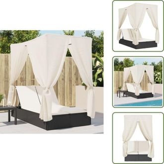 vidaXL Doppel-Sonnenliege mit Dach und Vorh&auml;ngen Schwarz Poly-Rattan - Doppel Liege - Sonnenliege - Gartenliege - Outdoor Liege - Poolliege - The Living