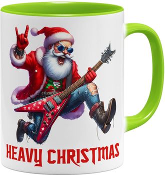 OM3 Heavy Christmas Kaffee-Tasse Lustige Weihnachtstasse f&uuml;r Rocker & Heavy Metal Fans - Santa und E-Gitarre - Keramik Becher - 325ml - Beidseitig Bedruck