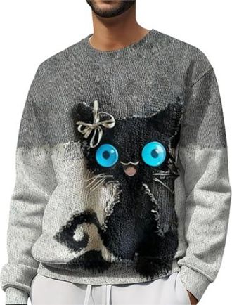 Generic Pull à col rond pour homme Imprimé Noël Col rond Polyester épais Simple Casual Hiver Sweatshirt, bleu, 3XL