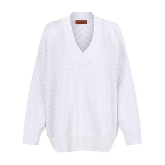 Missoni Chevron Pullover aus Baumwolle und Viskose mit V-Ausschnitt - - Knitwear - Damen - Wei&szlig; - XL