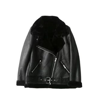 Generic Veste chaude en fausse fourrure pour femme avec doublure en fausse fourrure à revers ceinture multi-fermeture éclair ample, Noir, XS