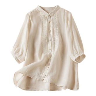 Generic T-shirt pour femme printemps nouveau style ethnique r&eacute;tro temp&eacute;rament broderie ample et confortable Chemise fine &agrave; manches longues Top, beige, XXL