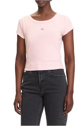 Calvin Klein T-Shirt Manches Courtes Femme Woven Label Rib Baby Tee avec Col Ras-du-Cou, Rose (Cloud Pink), M