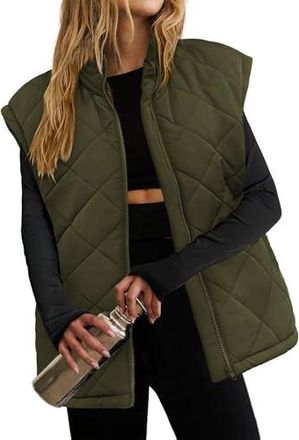 Zeagoo Gilet matelass&eacute; court sans manches pour femme - Automne - L&eacute;ger - Veste dhiver chaude - Col montant - Avec fermeture &eacute;clair - Tailles S &agrave; XXL, vert, X