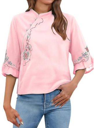 Generic Chemisier d&eacute;contract&eacute; &agrave; col mandarin brod&eacute; &agrave; manches trois-quarts pour femme | Chemise d&eacute;t&eacute; l&eacute;g&egrave;re et &eacute;l&eacute;gante pour le quotidien et les voyages, rose,