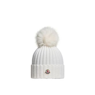 Moncler Moncler Bonnet En Laine Avec Pompon, Femme, Blanc, Taille: Uni