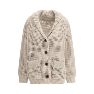 Brunello Cucinelli Femme, Pulls, Beige, Taille: 38 FR Cardigan en maille c&ocirc;tel&eacute;e en coton