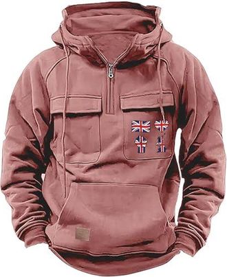 Generic Sweat à capuche pour homme avec imprimé drapeau de lAngleterre - Fermeture éclair 1/4 - Manches longues - Coupe ample - Cordon de serrage - Léger et d