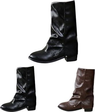 Generic Bottines hautes en cuir pour femme - Bottes à enfiler - Bottes pliantes - Bottes pointues - Bottes longues rabattables - Bottes de cowboy classiques -