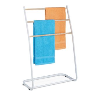 Relaxdays Handtuchhalter stehend, Metall, 3 Sprossen in Holzoptik, Handt&uuml;cher & Kleidung, HxBxT: 87 x 58 x 29,5 cm, wei&szlig;