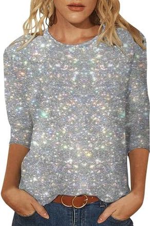 Generic Hauts &agrave; paillettes pour femme - Chemisiers festifs pour femme - Manches 3/4 - Col rond basique - Tunique l&eacute;g&egrave;re - Automne et hiver - Paillettes scinti