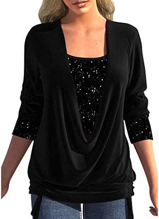 Generic Shffuw Chemisier Femme Haut Paillettes Strass Femme Sexy SoiréE Haut Faux Deux pièces Ample à Smocks et col en U à Sequins Chemisiers Et Blouses Femme
