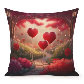 Generic Cushion Covers Herzf&ouml;rmige Rote Ballons Schweben &Uuml;ber Rosen, Rot Get&ouml;nten B&auml;umen Und Sanft Leuchtenden Laternen. Kissenbezug Cozy Kissenh&uuml;lle Fashion 