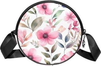 Generic Petit sac &agrave; bandouli&egrave;re circulaire pour femme, motif feuilles florales, sac &agrave; dos avec fermeture &eacute;clair, bretelles r&eacute;glables, sac &agrave; main rond d&eacute;contra