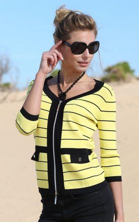 Passioni Strickjacke in Gelb mit schmalen Streifen und Rei&szlig;verschluss