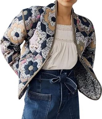 Generic 2026 Vestes courtes pour femmes, veste matelass&eacute;e l&eacute;g&egrave;re &agrave; imprim&eacute; floral, noir fonc&eacute;, M