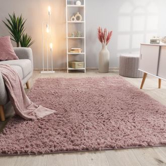 Paco Home Paco Home Tapis De Salon Poils Longs Fausse Fourrure Shaggy Moelleux Monochrome 200 cm rond, Vieux-Rose