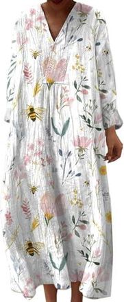 Generic Robe Ete Femme Mi Longue Fluide Coton Chemise Robes Manches Longues Ample Casuel A-Line Imprimé Fleur Robes Col V Ronde Bohème Robe De Soiree Femme Vi